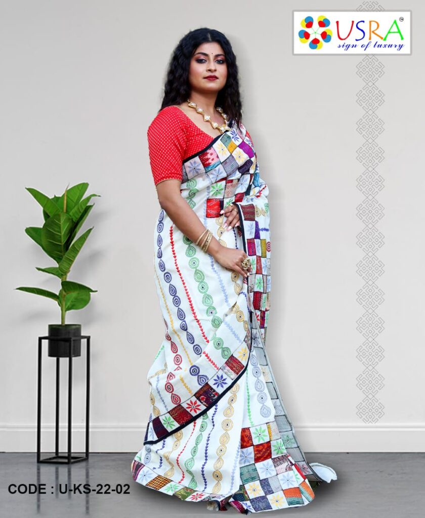 White Kantha Stitch Saree - USRA
